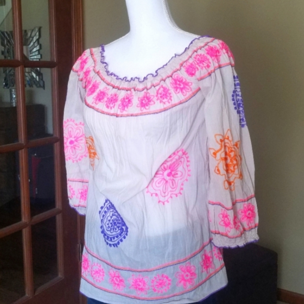 Mango Boho Embroidered Neon Pink & Purple Tunic Top F… - Gem